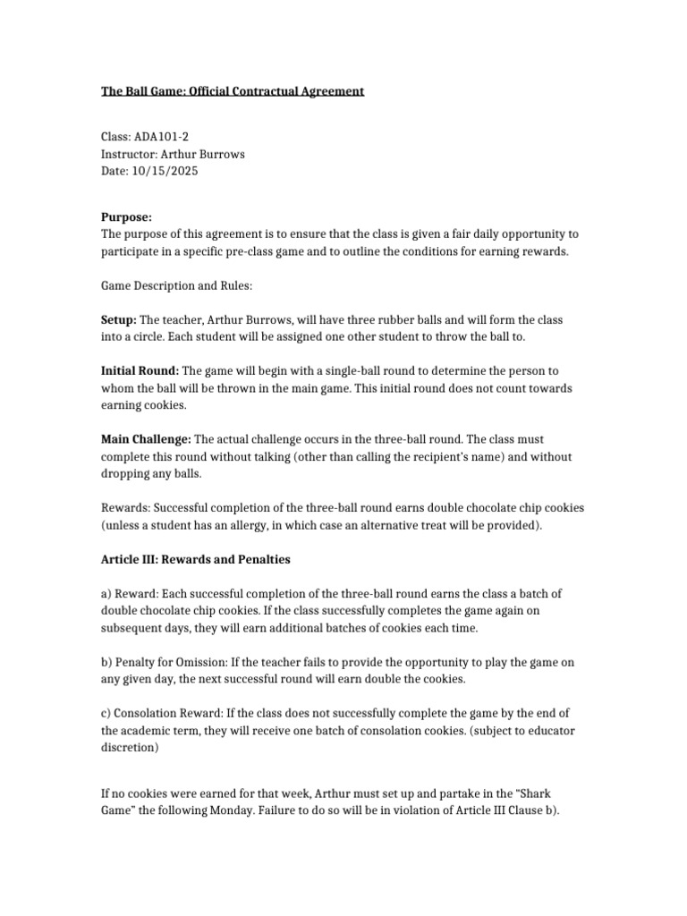Ball Game Contract for Class Rewards | PDF