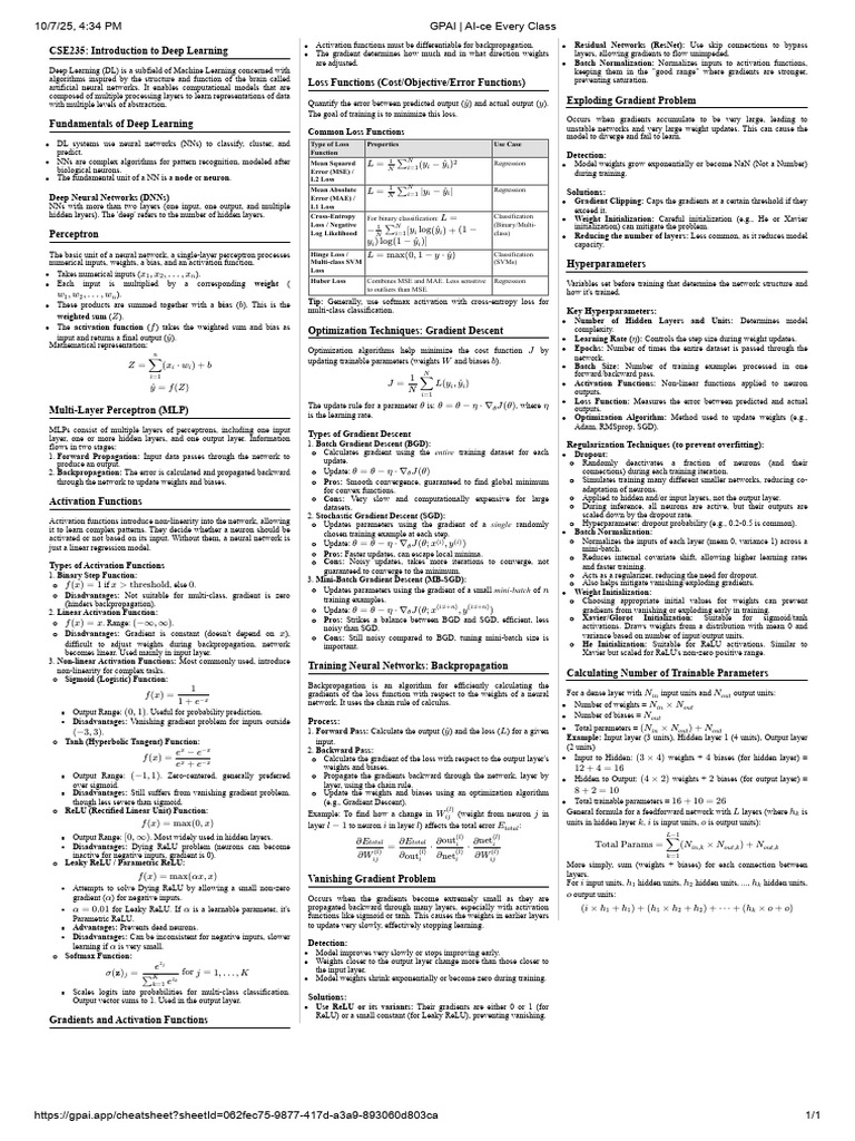 Deep Learning Cheat Sheet | PDF | Machine Learning | Algorithms