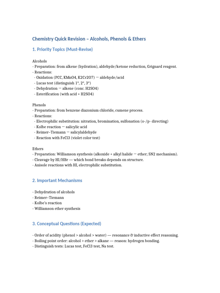 Chemistry Revision Alcohols Phenols Ethers | PDF