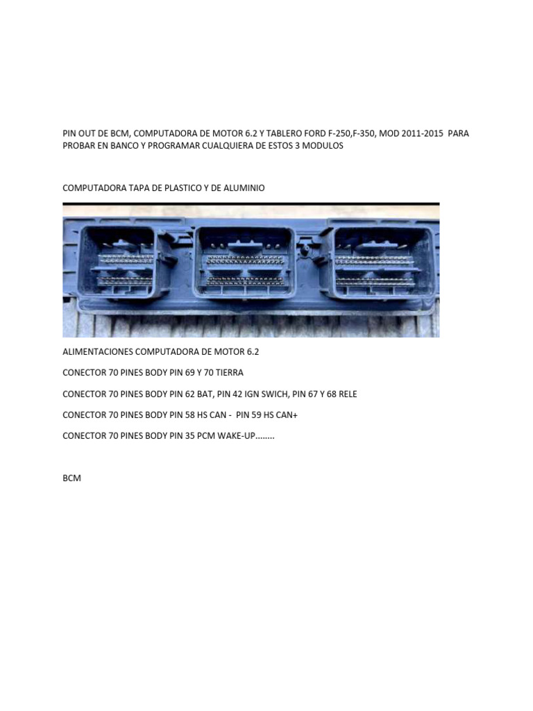 Pin Out BCM y Computadora Motor 6.2 Ford | PDF