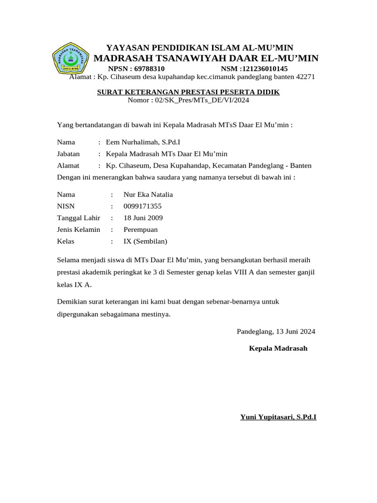 Surat Keterangan Prestasi | PDF