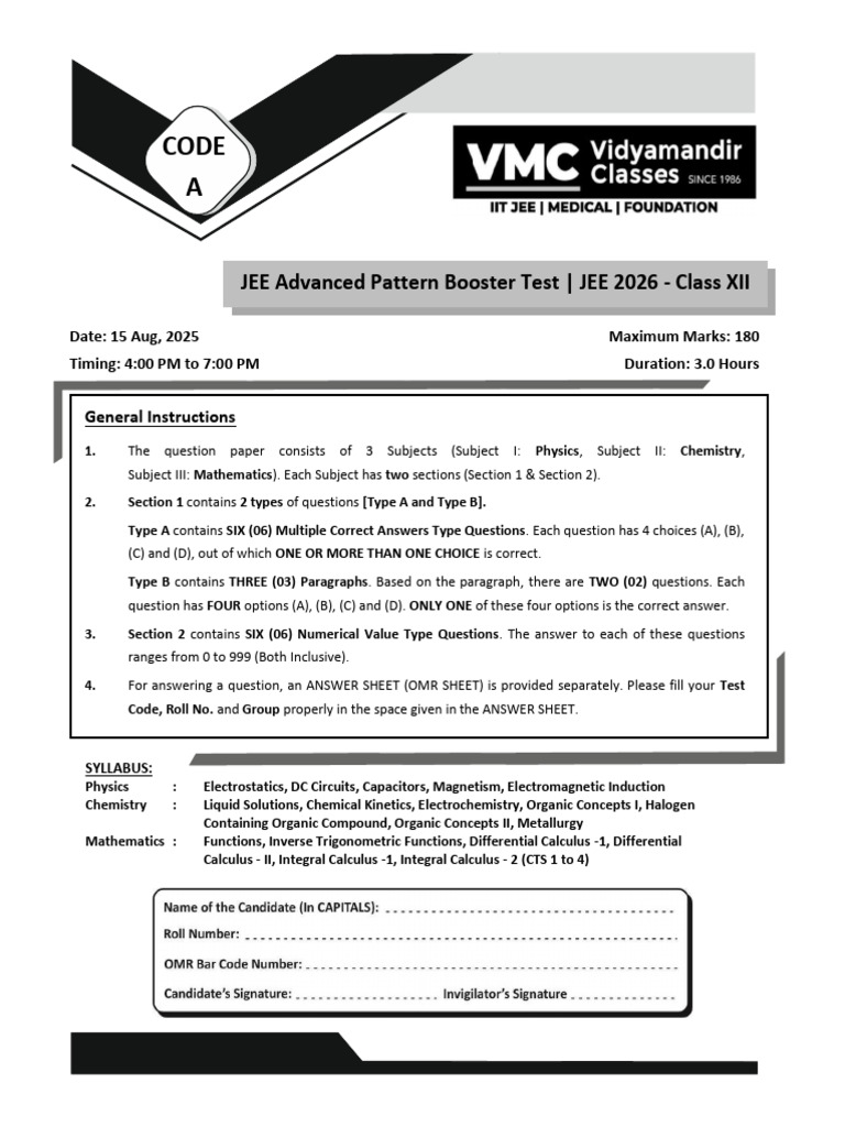 JEE Advanced Pattern Booster Test 2026 | PDF | Chemical Reactions ...