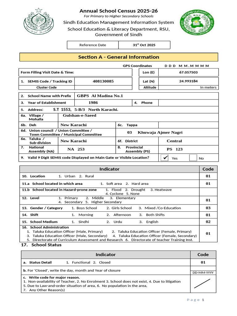 Annual School Census 2025-26 Form | PDF