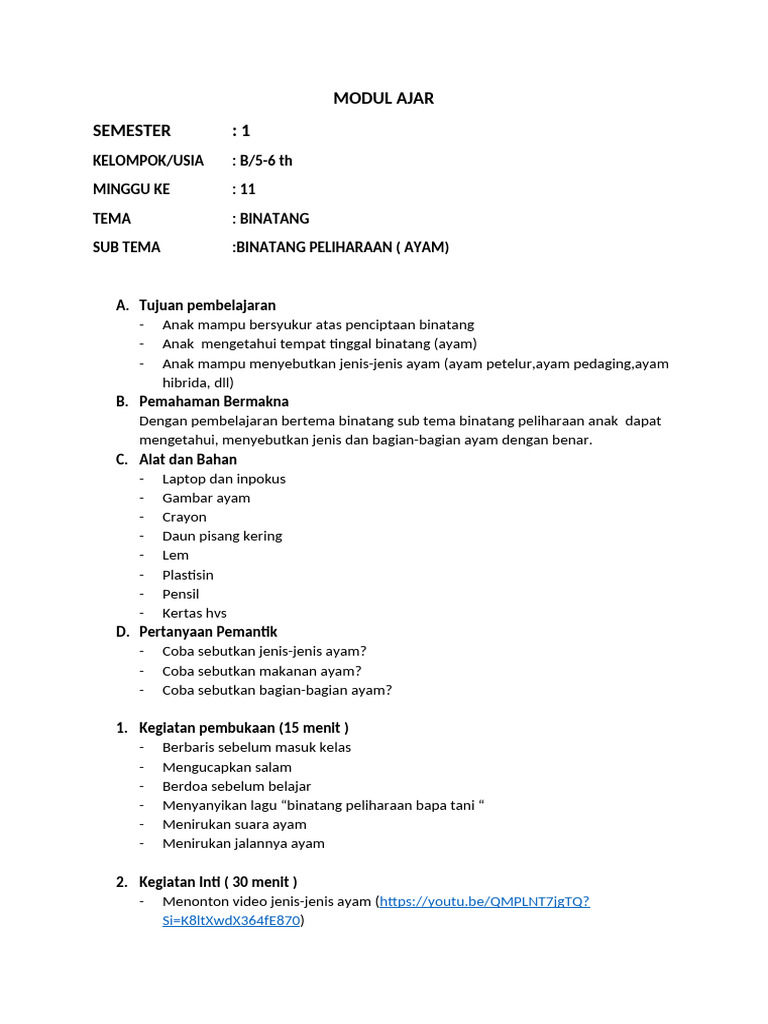 Modul Ajar Binatang Peliharaan Ayam | PDF
