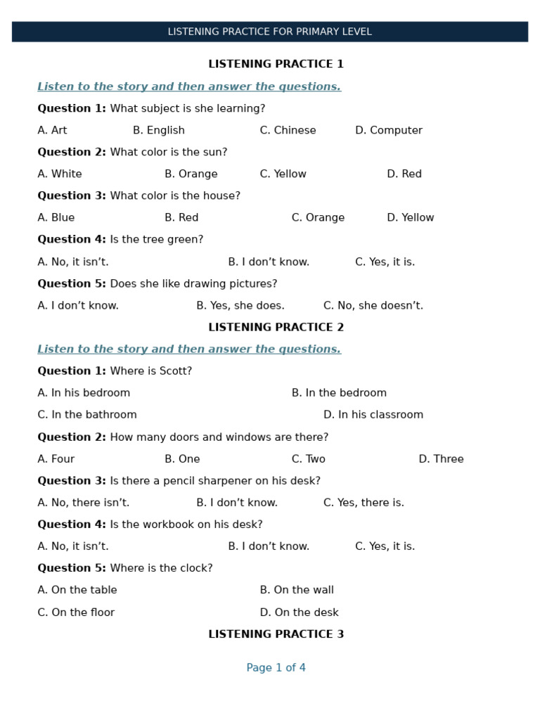 Primary Level Listening Practice Exercises | PDF
