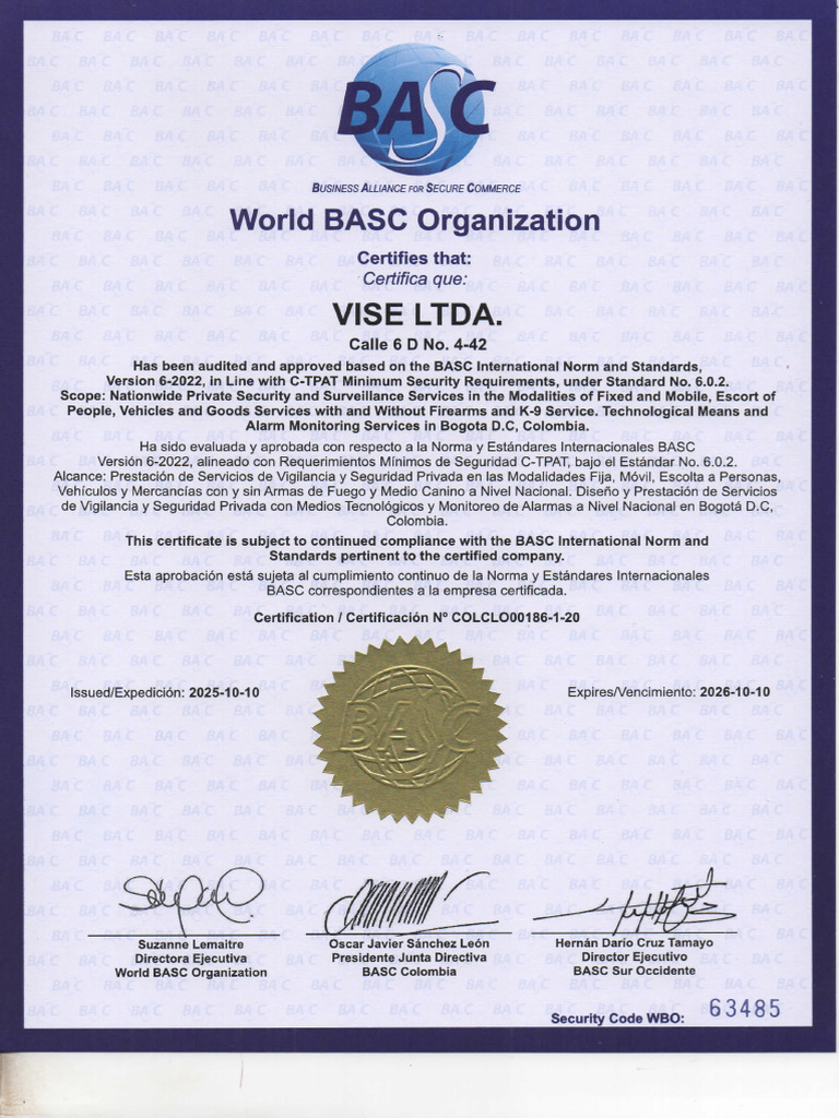 Vise Ltda (Bogota) BASC | PDF