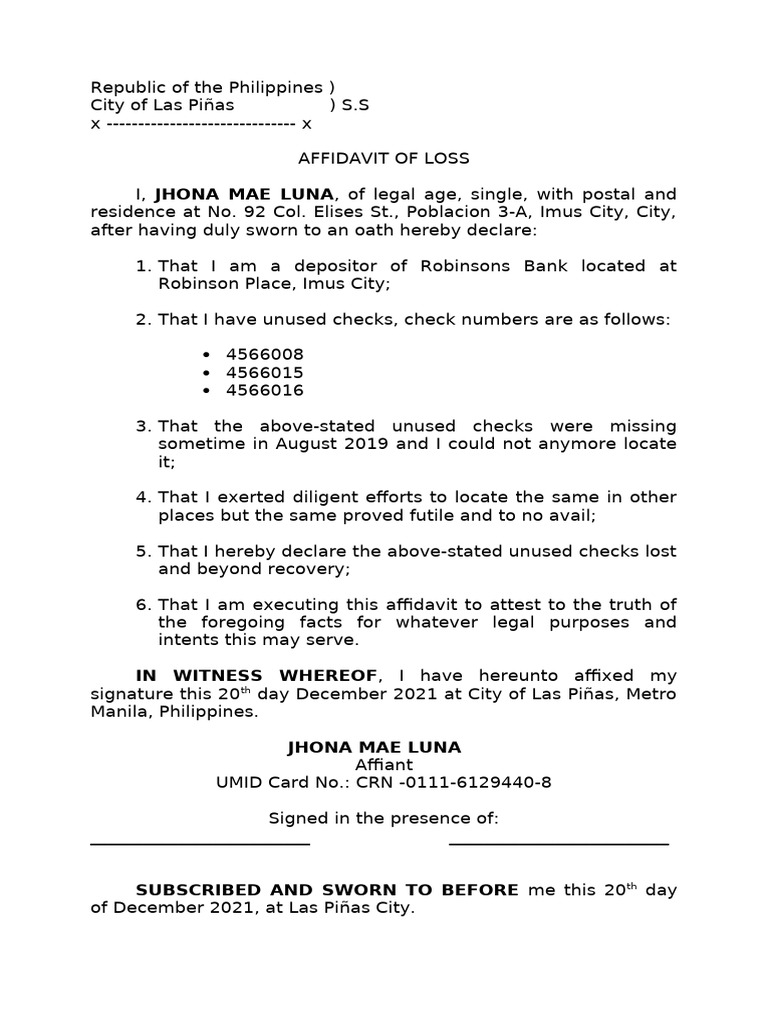 Affdavit of Loss Unused Checks Jhona Mae Luna | PDF