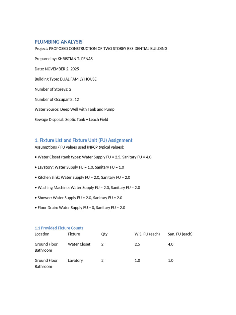 Plumbing Analysis Proposed Construction Two Storey Residential Building ...
