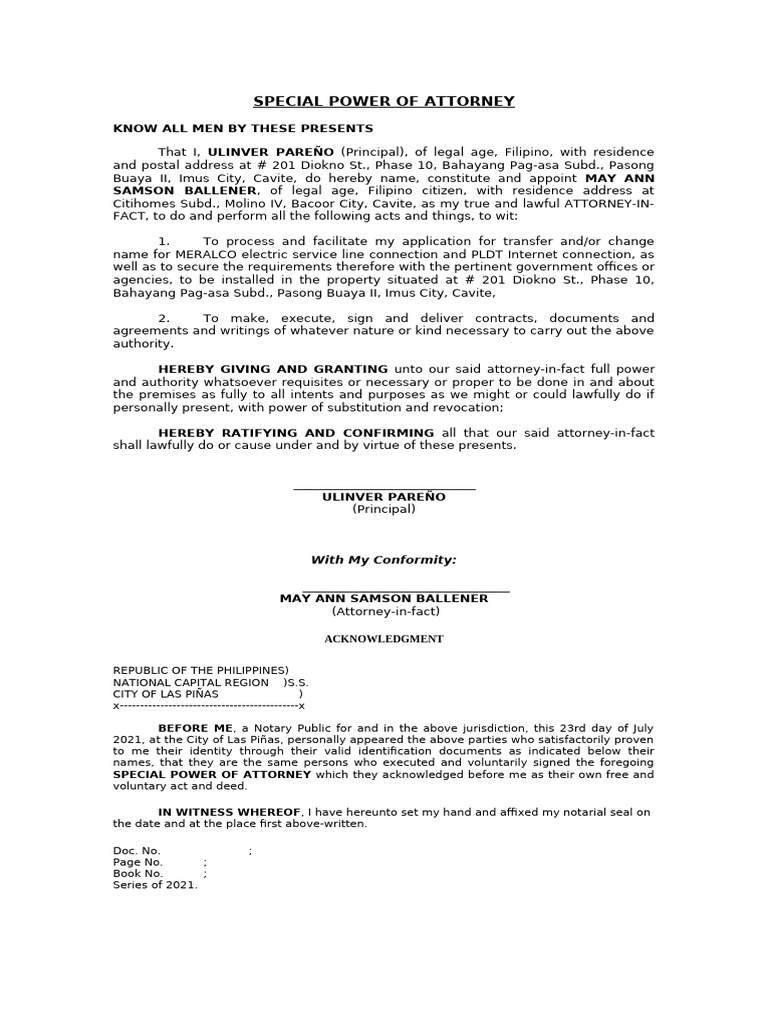 SPA ULINVER AND MAY ANN MERALCO AND PLDT | PDF | Power Of Attorney | Government