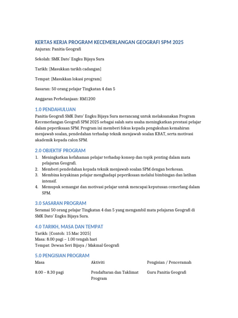 Kertas Kerja Program Kecemerlangan SPM 2025 | PDF