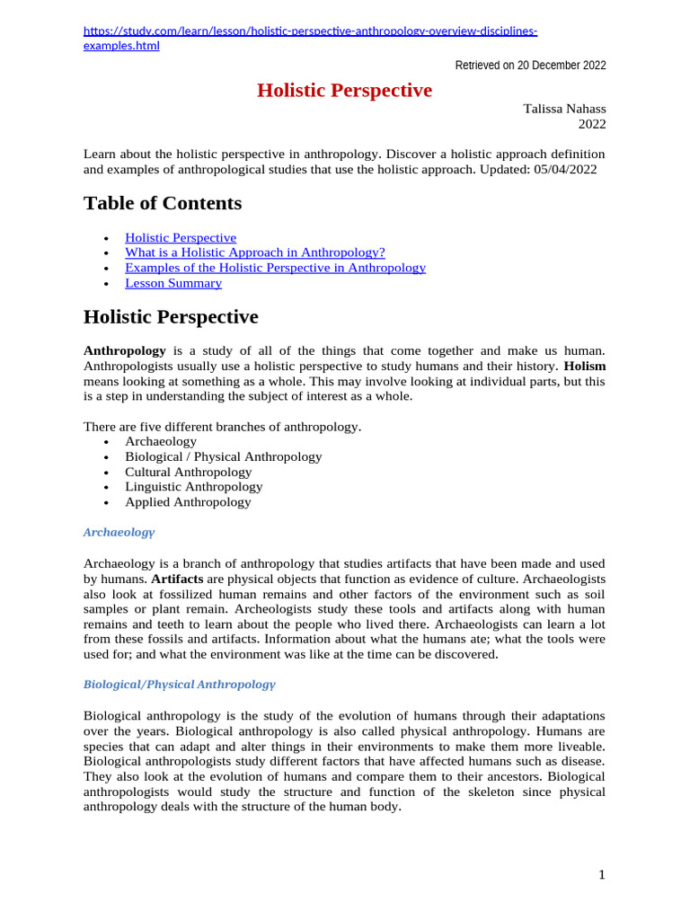 2022 Talissa Nahass Holistic Perspective | PDF | Anthropology | Holism