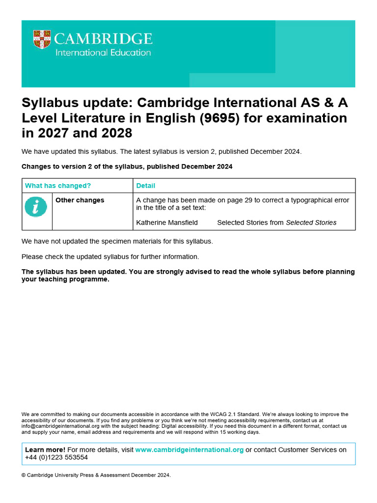 Syllabus Update: Cambridge International AS & A Level Literature in ...