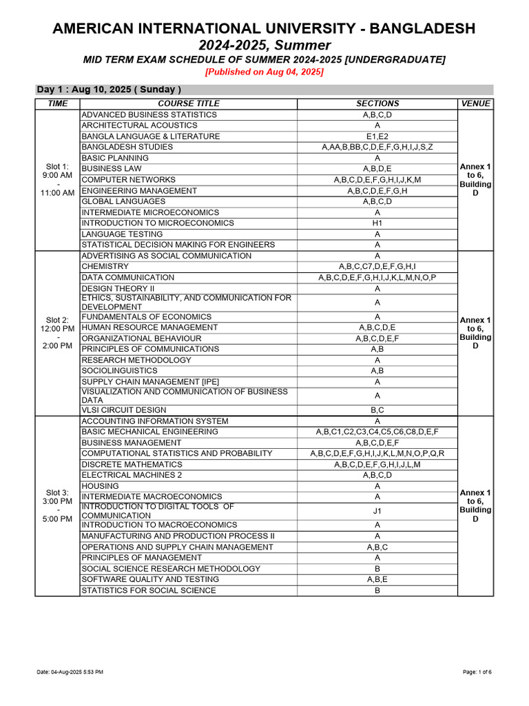 Revised Midterm Exam Schedule of Summer 24 25 Undergraduate Aug04 | PDF