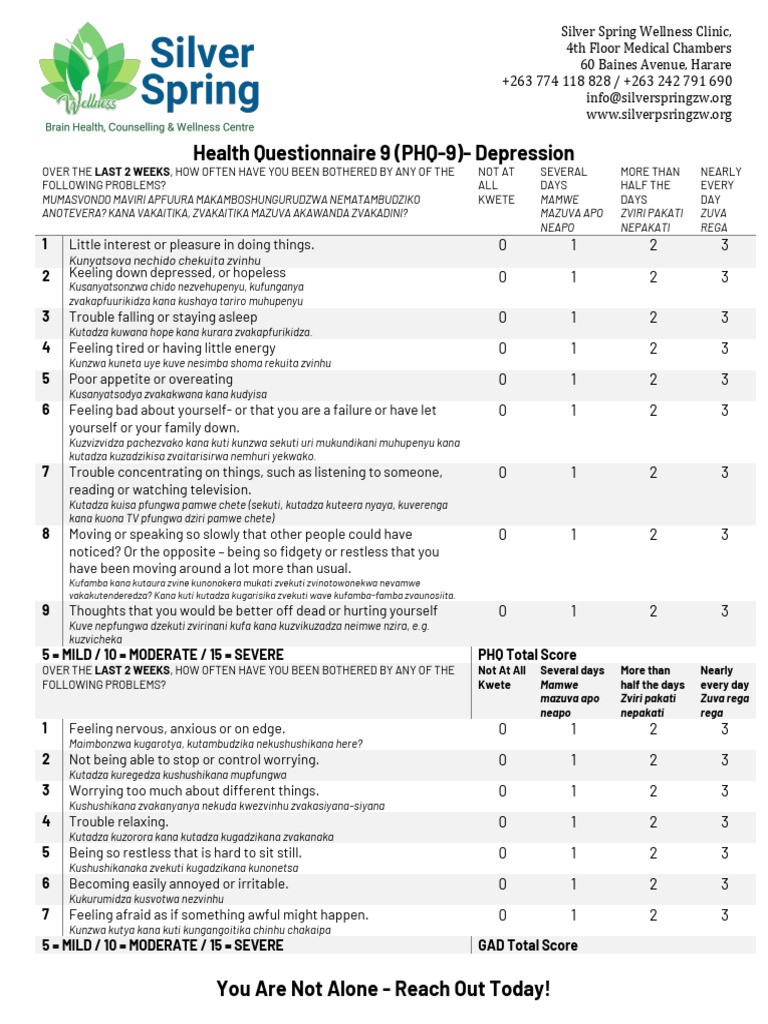 PHQ9 Facility Mental Health Screening Tool | PDF | Behavioural Sciences ...