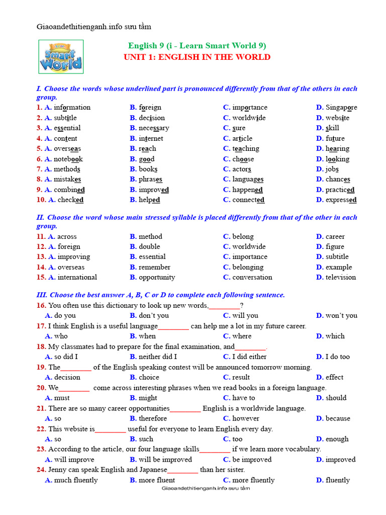 BTBT I-learn Smart World 9 HK1 Unit 1(HS).Doc | PDF | English Language | Languages