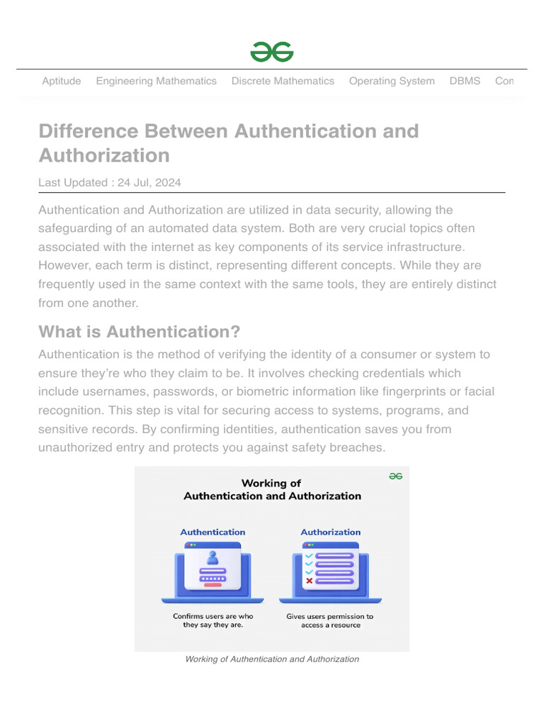 Difference Between Authentication and Authorization - GeeksforGeeks | PDF | Authentication ...