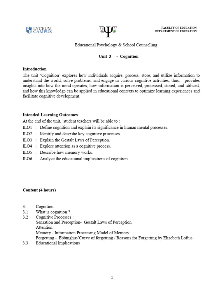 UNIT 3 - COGNITION (1) | PDF | Cognition | Epistemology
