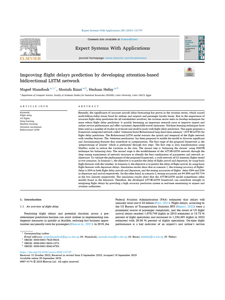 Improving Flight Delays Prediction by Developing Attention-Based Bidirectional LSTM Network ...