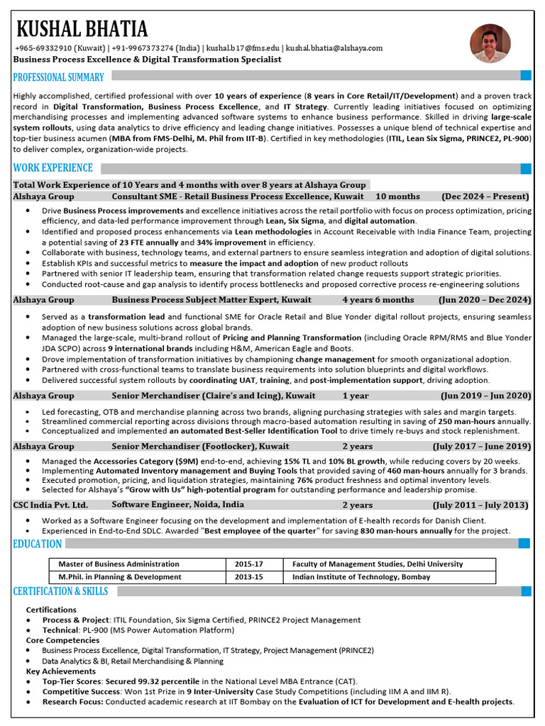 Kushal Bhatia Resume 30.10.25-1 | PDF | Business Process | Master Of Business Administration