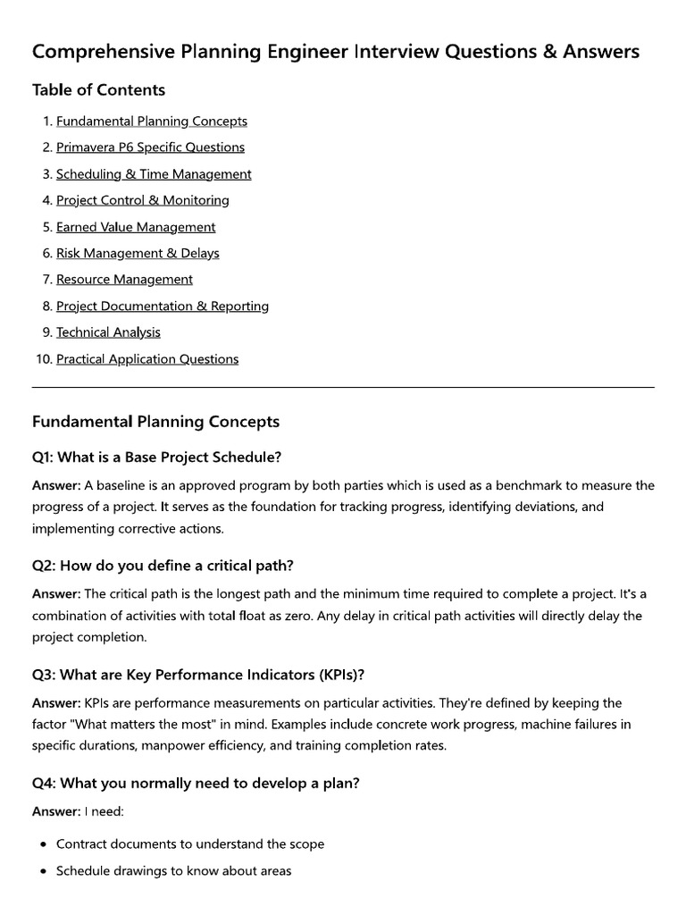 Comprehensive Planning Engineer Interview Questions & Answers | PDF