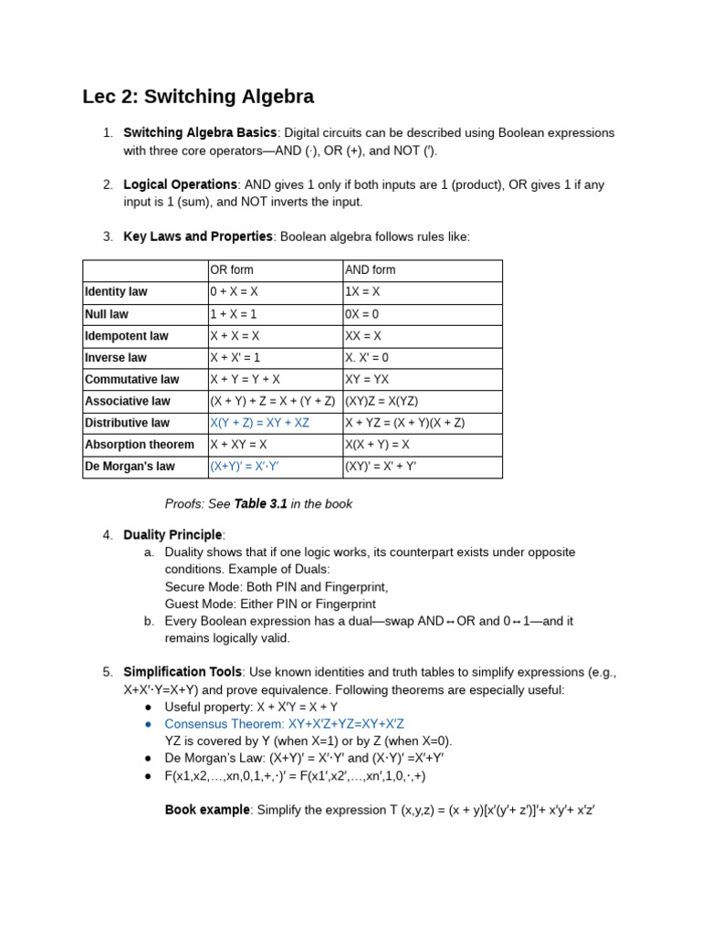 Lec2 Switching Algebra | PDF | Boolean Algebra | Teaching Mathematics