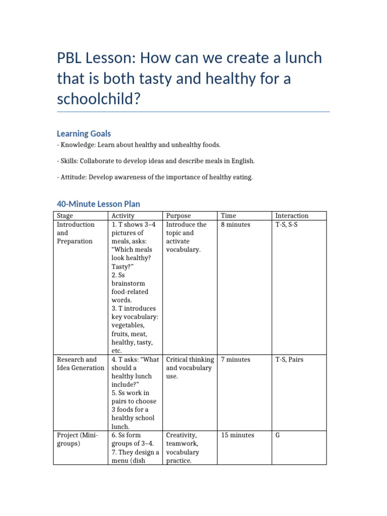 Healthy School Lunch PBL Lesson Plan | PDF