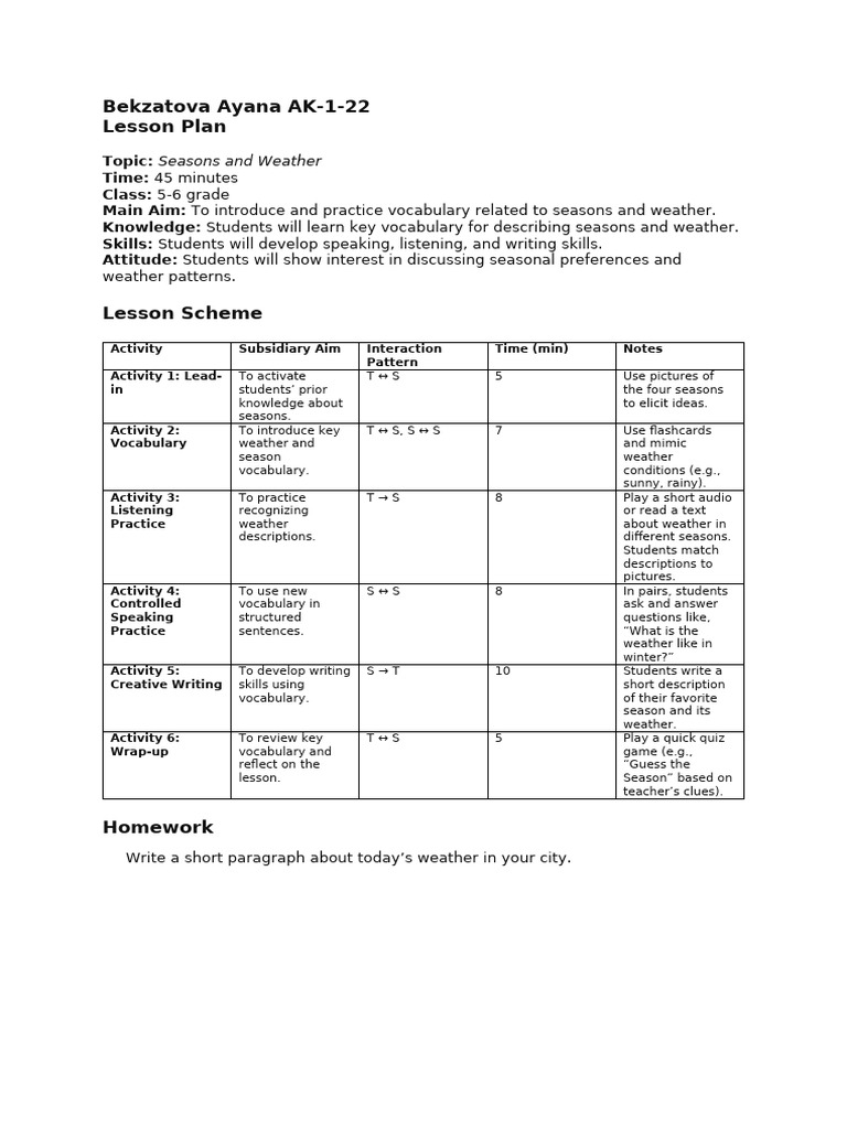 Lesson Plan (Bekzatova Ayana J AK-1-22) | PDF | Vocabulary | Lesson Plan
