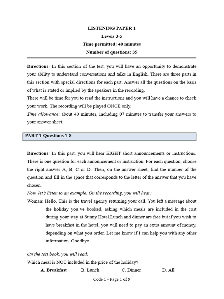 Listening Test Paper Levels 3-5 | PDF | Travel | Language Arts & Discipline
