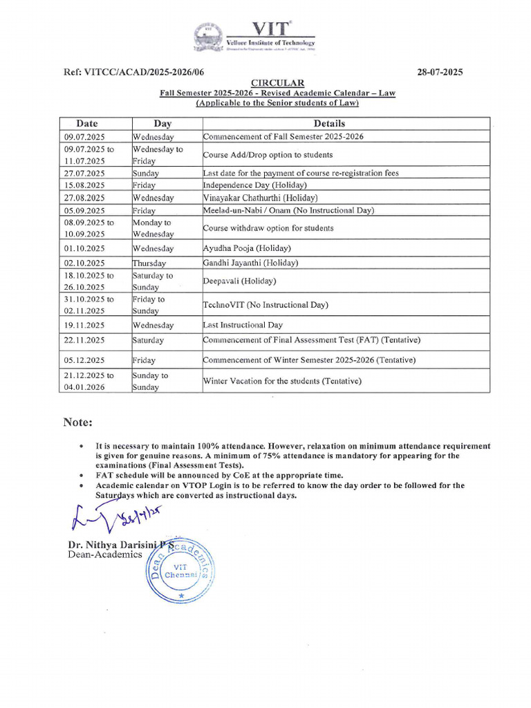 Fall Semester 2025-2026 - Revised Academic Calendar LAW - Applicable To ...