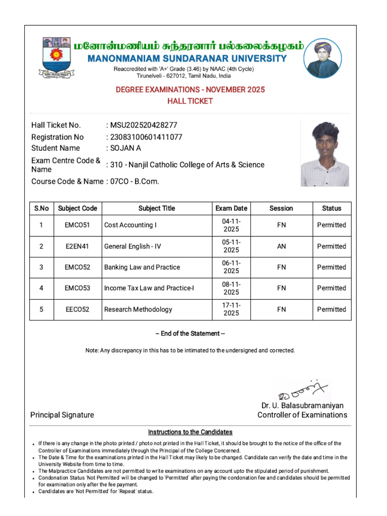 November 2025 B.Com Exam Hall Ticket | PDF | Payments