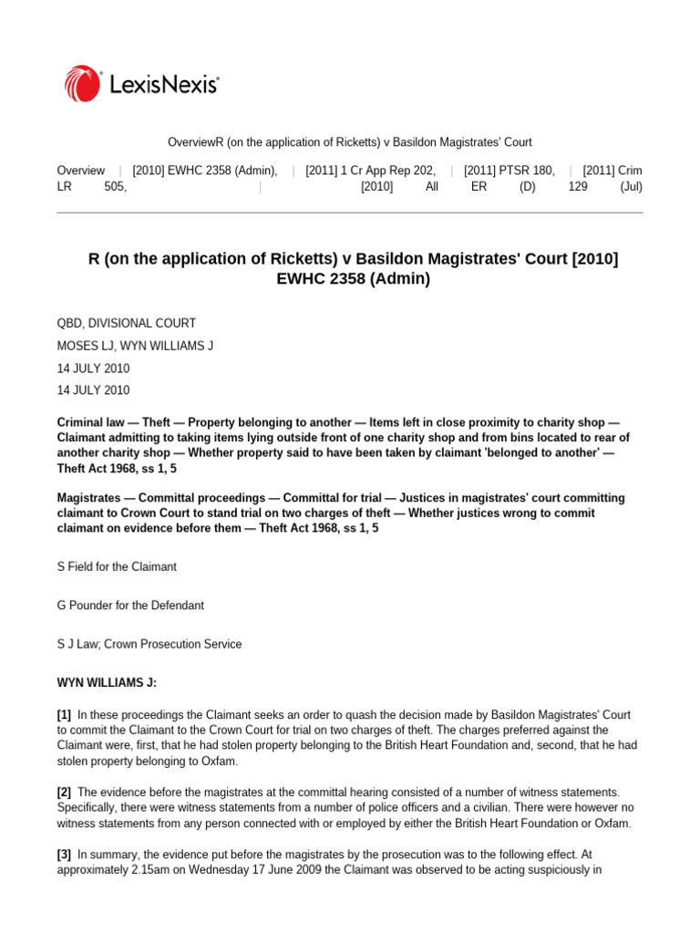 R (On The Application of Ricketts) V Basildon Magistrates' Court (2010 ...