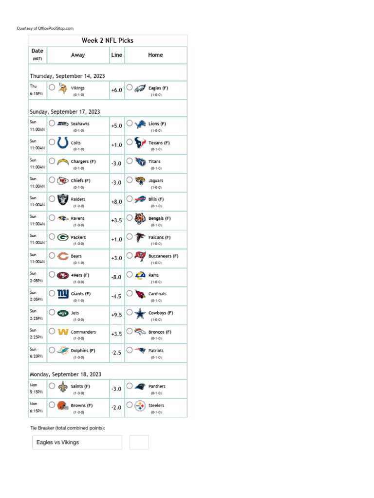 Printable Football Pick Sheets - NFL Weekly Pick' | PDF | Minnesota ...