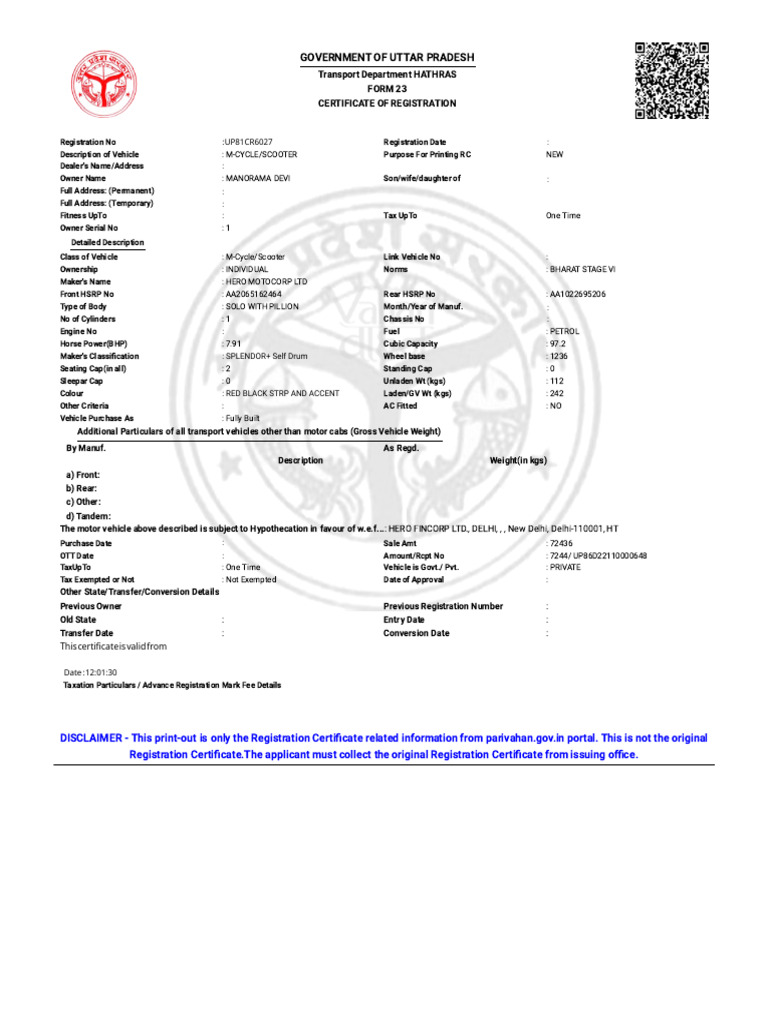 Vahan.parivahan.gov.in Vahanservice Vahan Ui Onlineservice Form 23 RC Report(1)(1) | PDF | Land ...