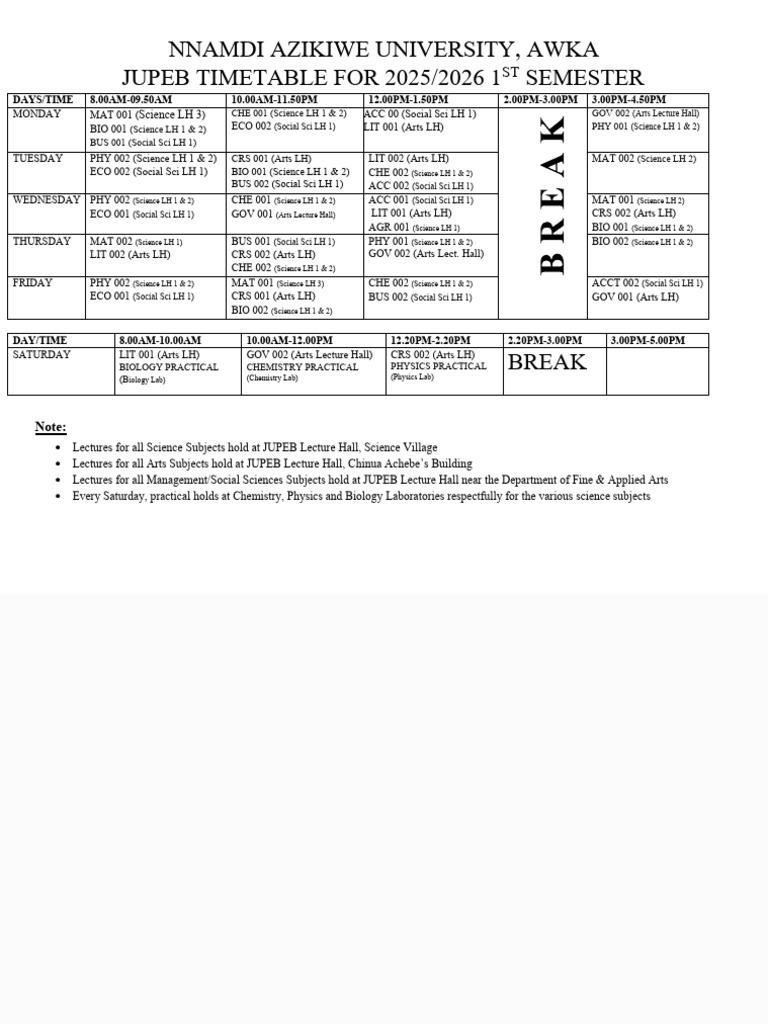 JUPEB 2025 Timetable for Oshogbo | PDF