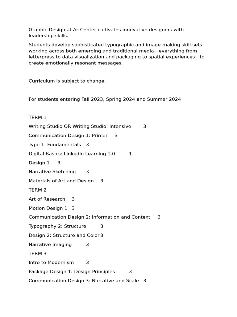 Course of (BFA) Graphic Design at Art Center College of Design | PDF