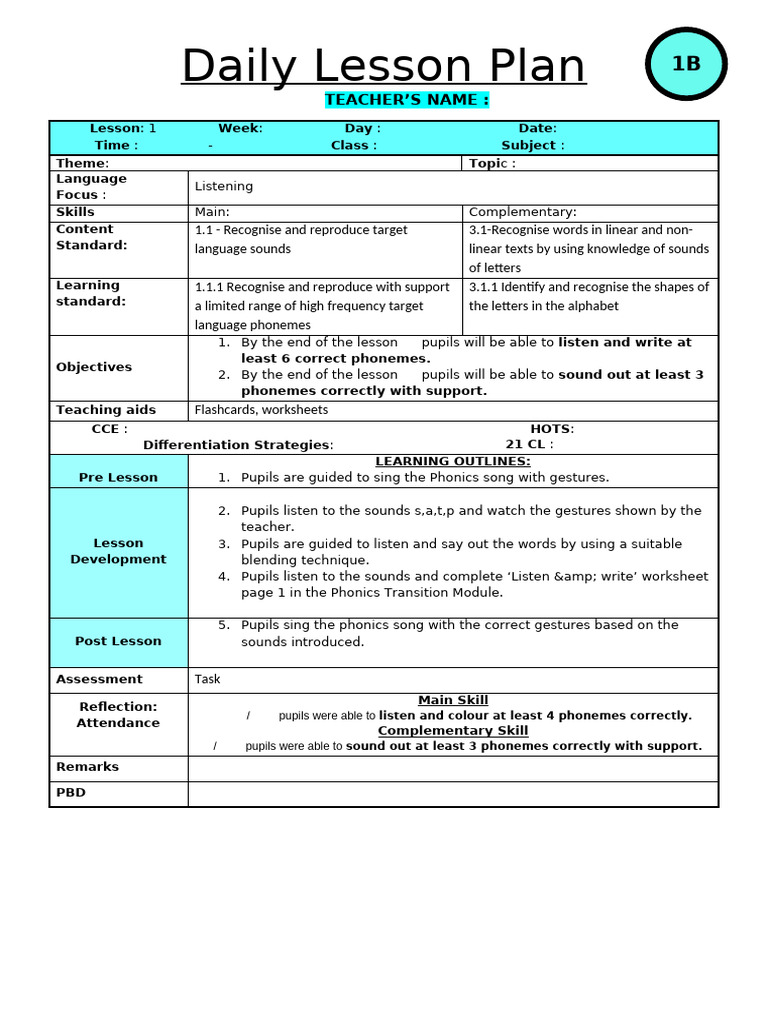 Lesson Plan 1 Baiduri Week 1 | PDF | Phonics | Lesson Plan