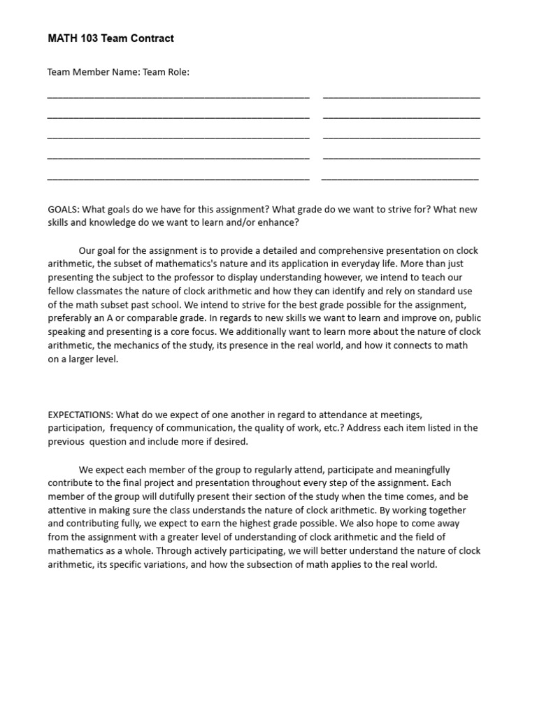 MATH103 2 Team Contract | PDF | Mathematics | Cognition