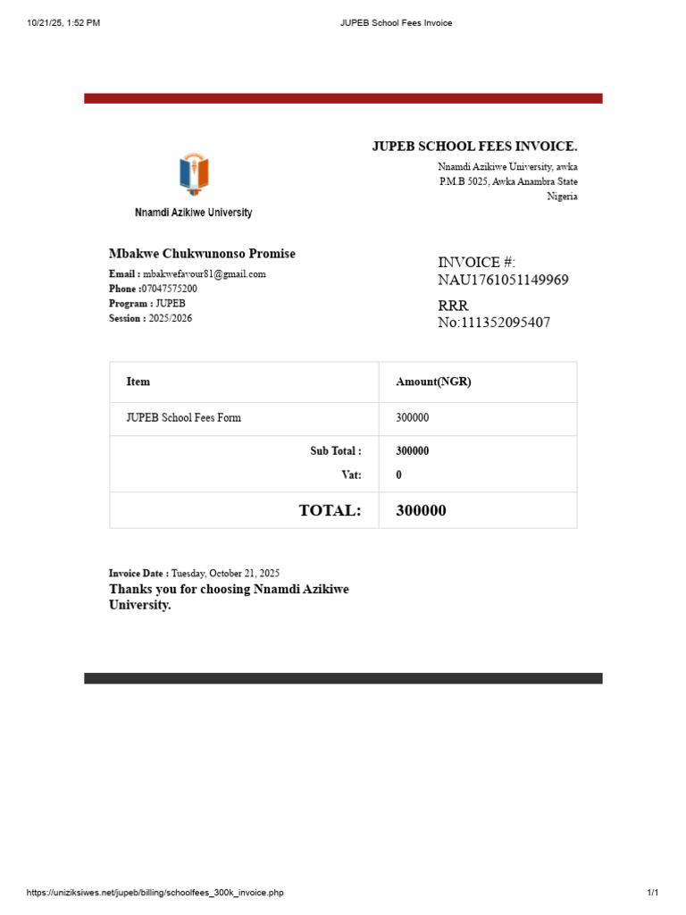 Promise - JUPEB School Fees Invoice | PDF