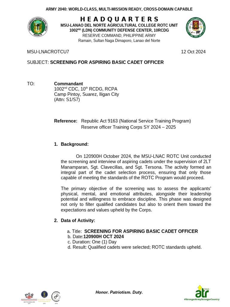 ROTC Cadet Screening Process Overview | PDF | United States Military ...