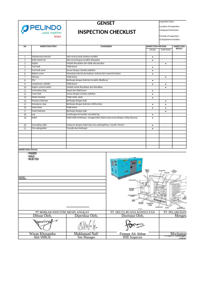 Checklist Inspeksi Genset dan Alat Berat | PDF