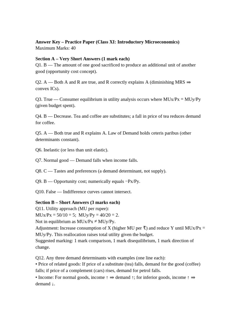 Class11 Microeconomics Practice Paper Answer Key | PDF | Demand ...