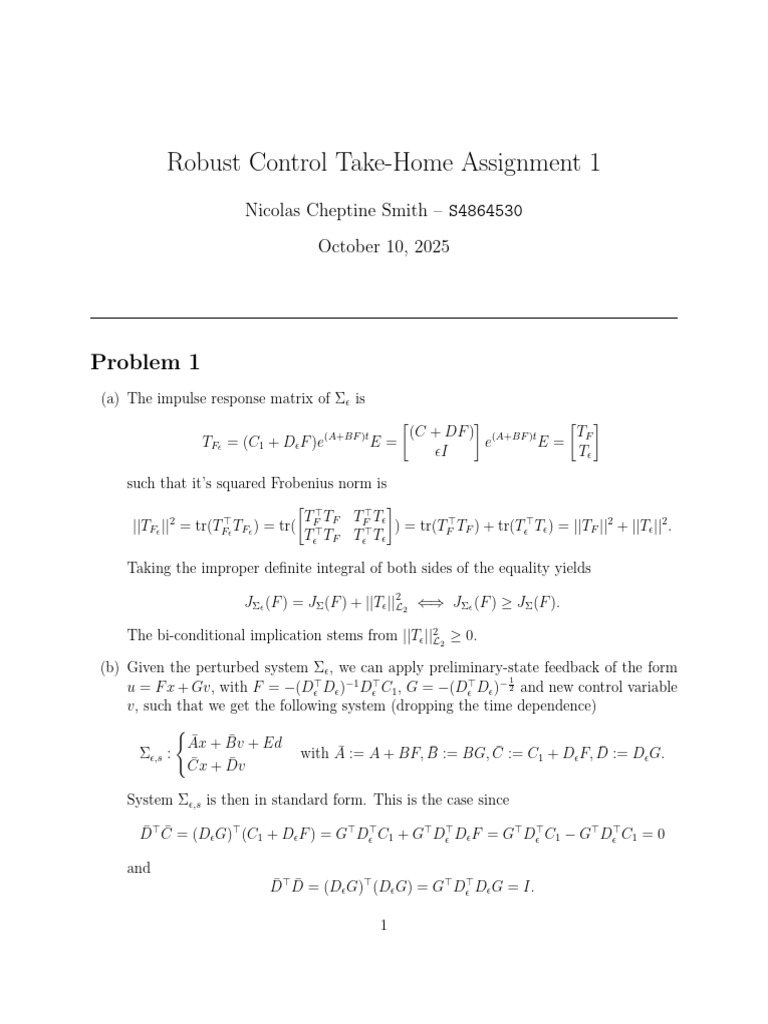 Robust Control Take Home Assignment 1 | PDF | Mathematical Physics | Mathematical Objects