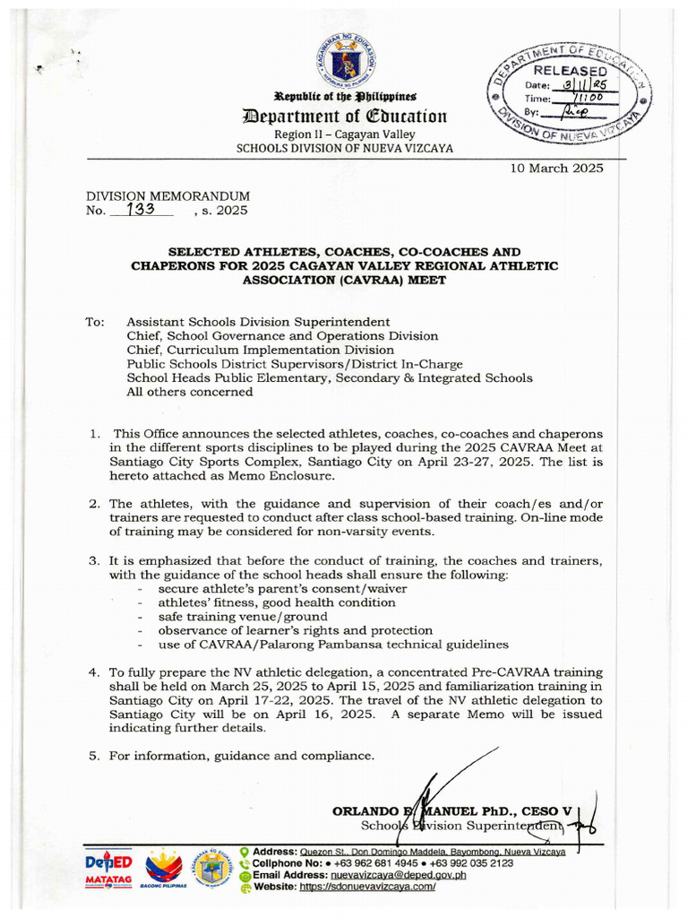 DM No. 133 S. 2025 Selected Athletes Coaches Co Coaches and Chaperons ...
