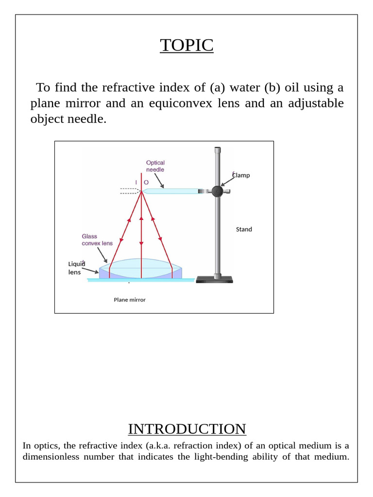 To Find Refractive Index of Water and Oil (Using Plane Mirror) (P ...