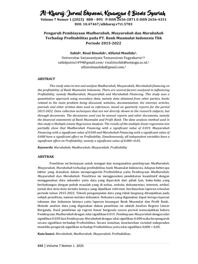 Pengaruh Pembiayaan Mudharabah, Musyarakah dan Murabahah Terhadap Profitabilitas pada PT. Bank ...