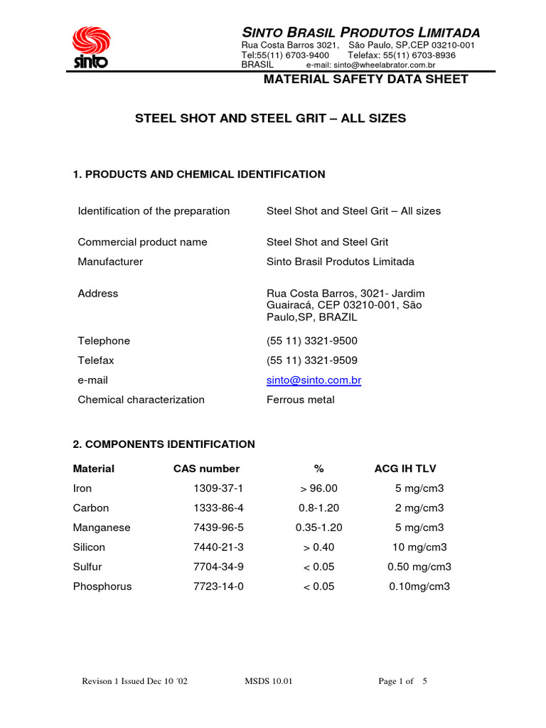 Sinto MSDS Shot & Grit - 2017 | PDF | Magnesium | Steel