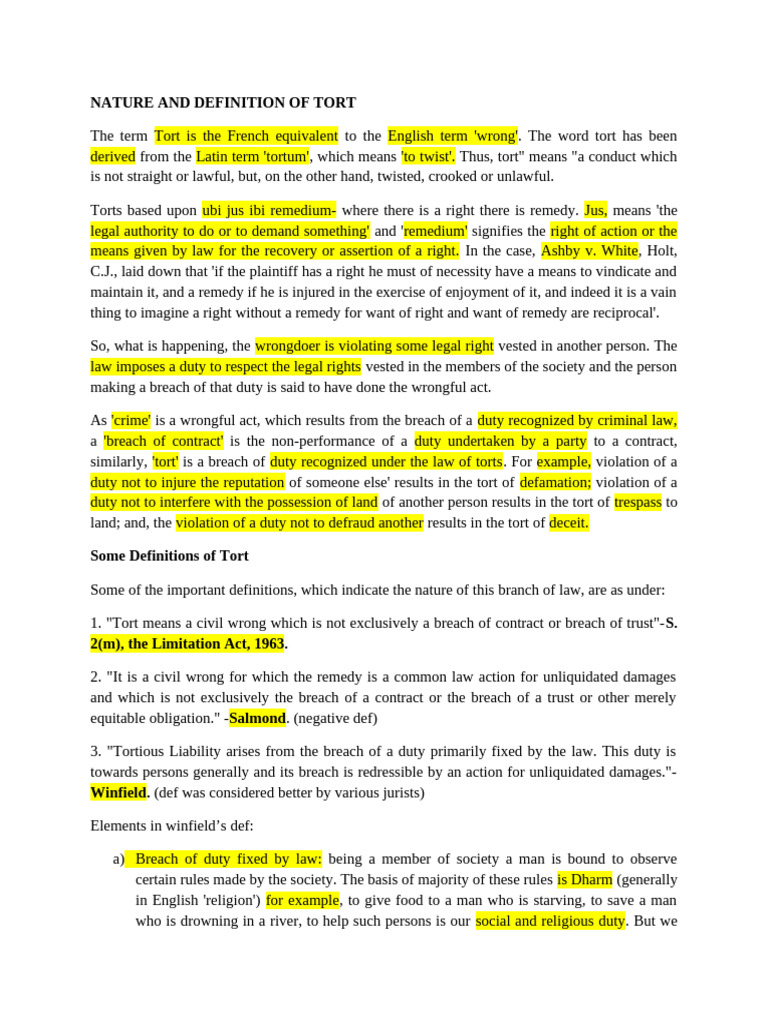 1. Nature and Definition of Tort | PDF | Tort | Damages