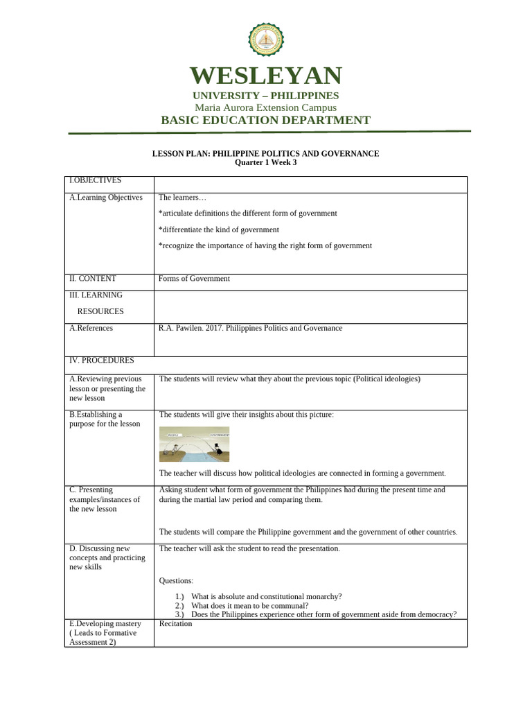 Lesson Plan on Philippine Government Forms | PDF | Government | Lesson Plan