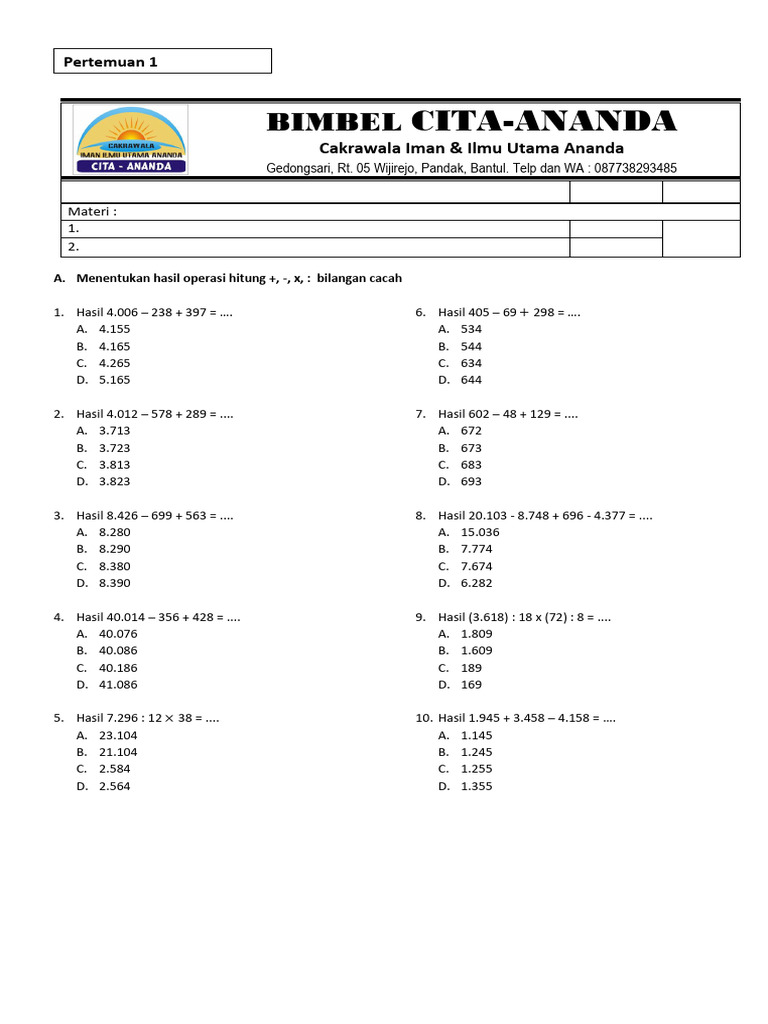 Indikator 1 & 2. Operasi Hitung Bilangan cacah | PDF