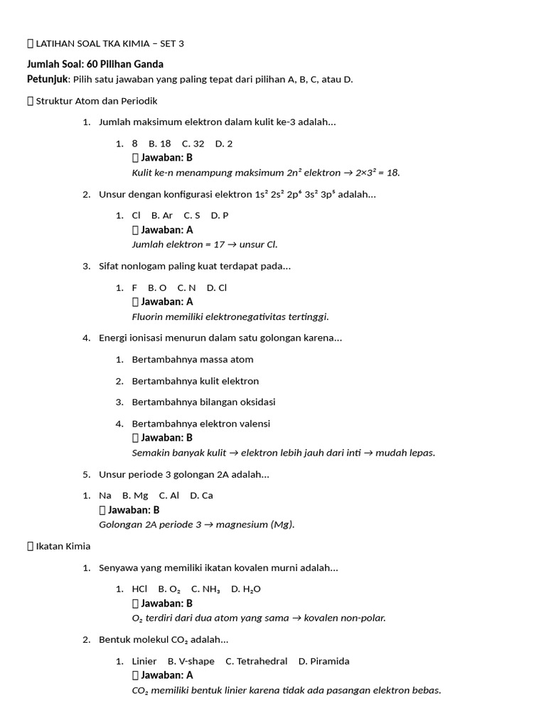 Latihan Soal TKA Kimia Set 3 | PDF